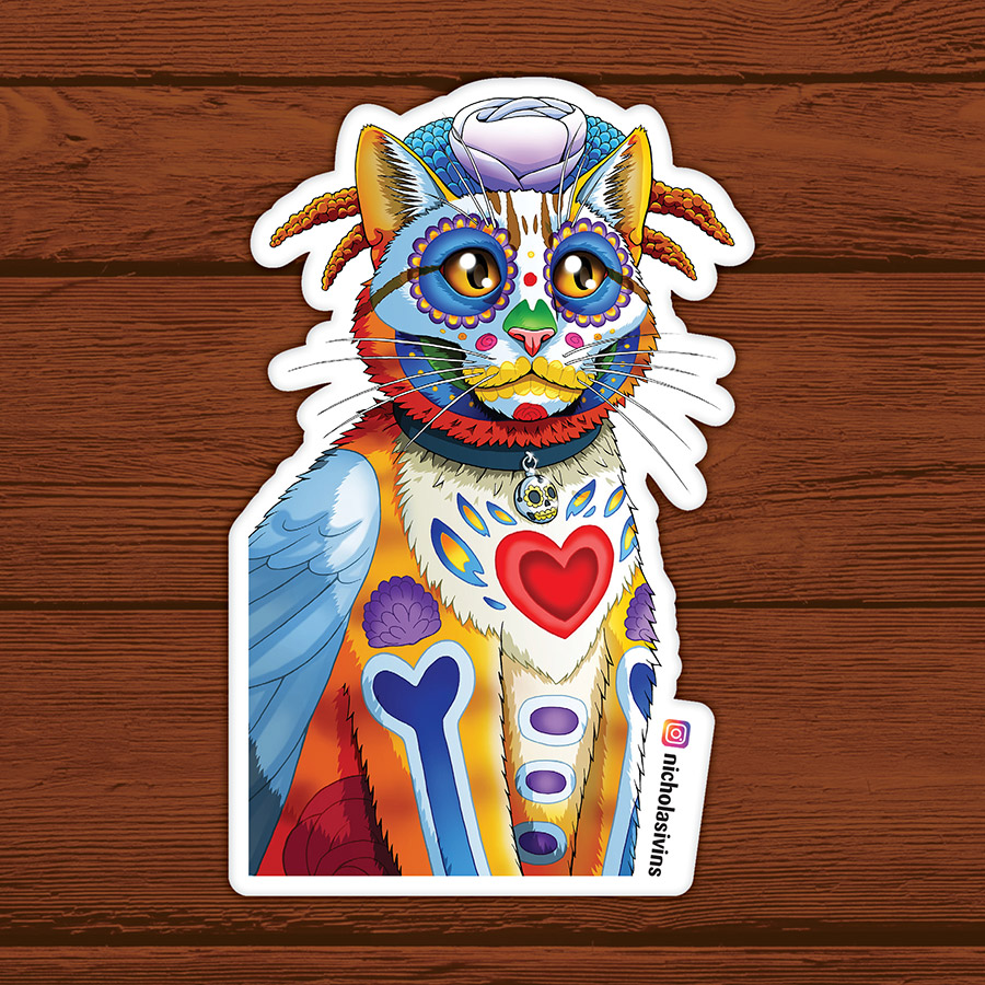 Day of the Dead Orange Cat Sticker - "Calvin" - Nicholas Ivins