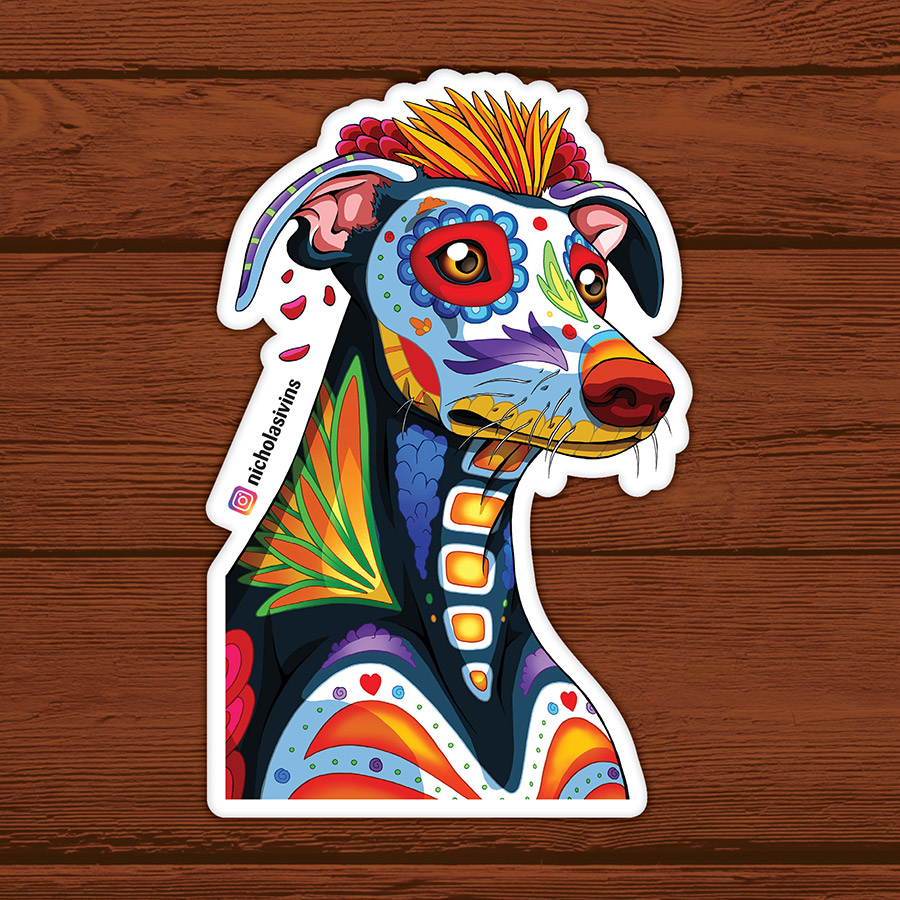 Day of the Dead Dog Greyhound Sticker - "Maratón" - Nicholas Ivins