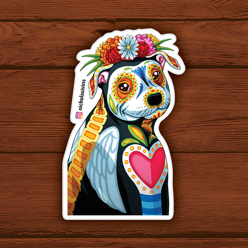 Day of the Dead Dog Smiling Pitbull Sticker - "Paloma" - Nicholas Ivins