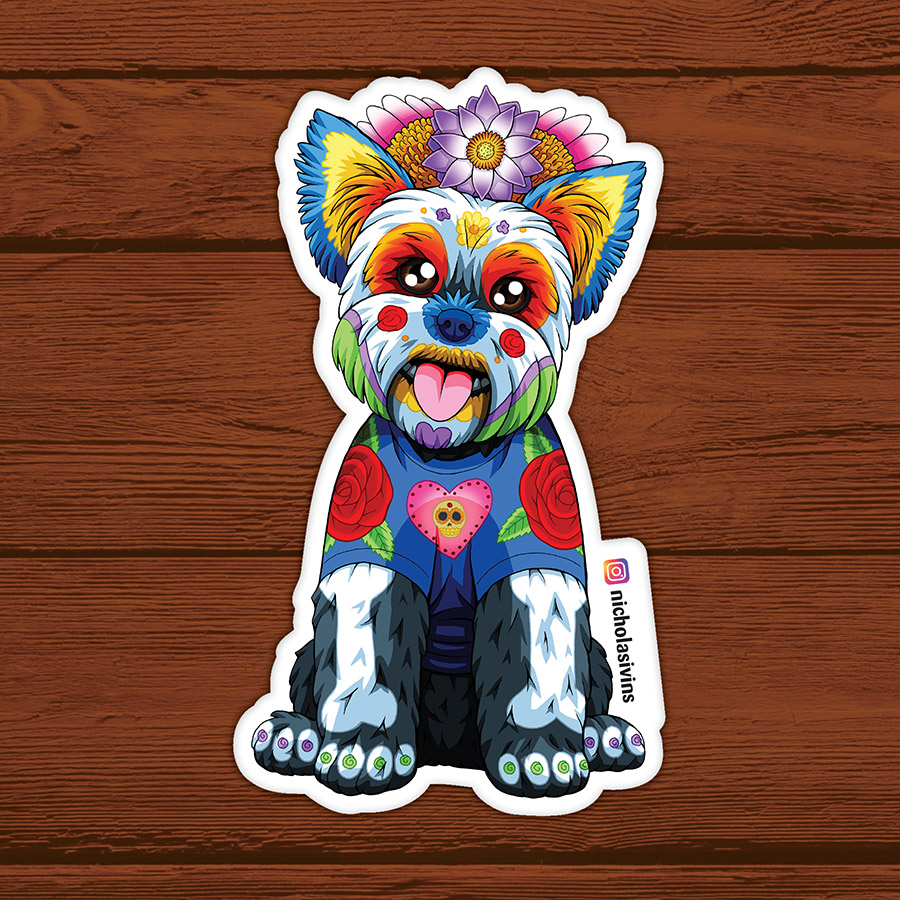 Day of the Dead Dog Yorkshire Terrier Sticker - "Pica" - Nicholas Ivins