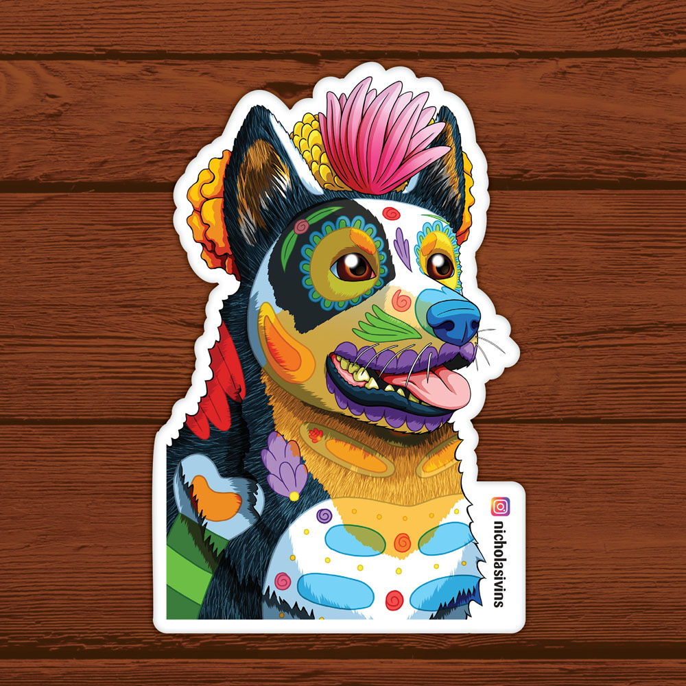 Day of the Dead Dog Blue Heeler Sticker - "Tacona" - Nicholas Ivins