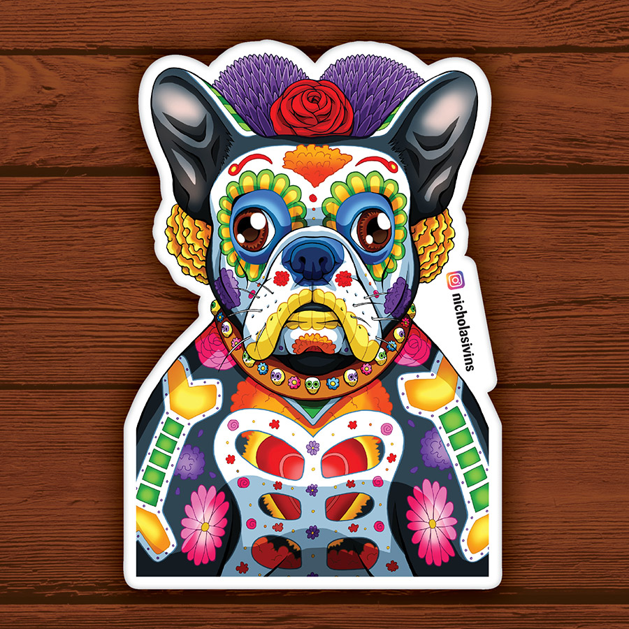 Day of the Dead Dog Boston Terrier Sticker - "Tezo" - Nicholas Ivins